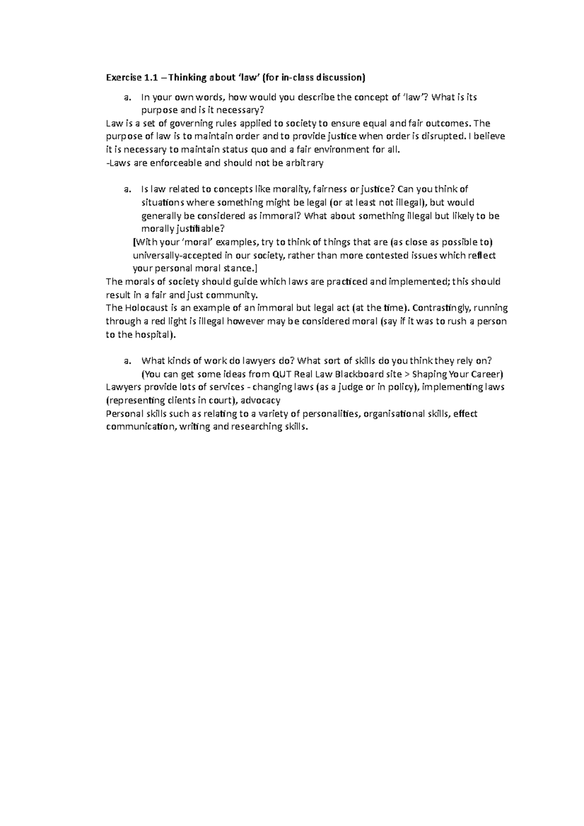 101 Week 1 Tut - Tutorial answers for week 1 of LLB101 - Intro to Law - Exercise 1 – Thinking ...