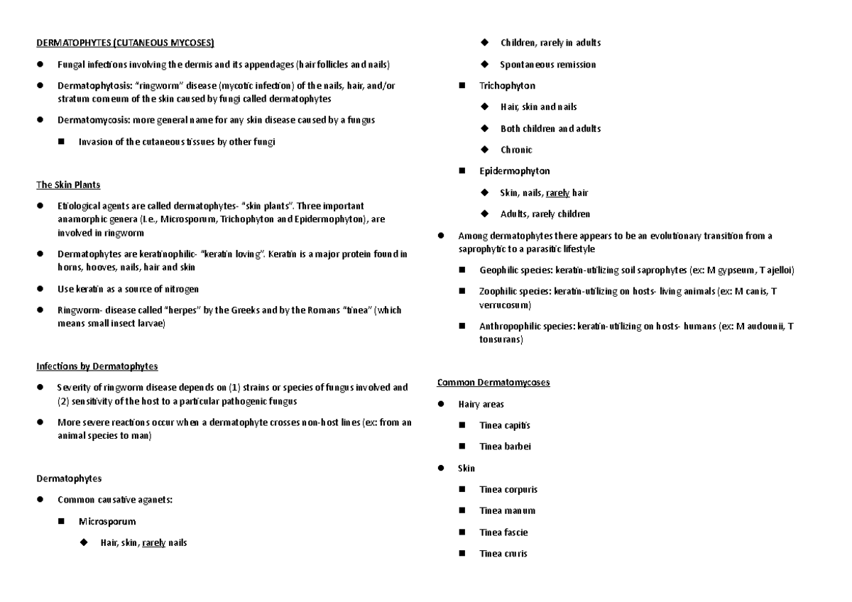 Dermatophytes - Lecture notes - DERMATOPHYTES (CUTANEOUS MYCOSES ...