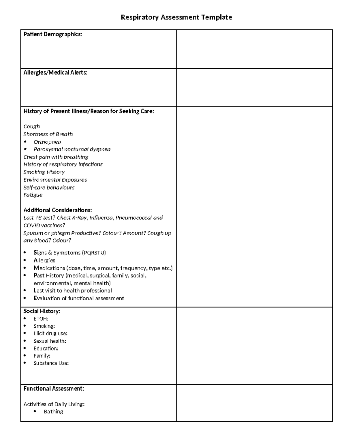Respiratory Assessment Template - Patient Demographics: Allergies ...