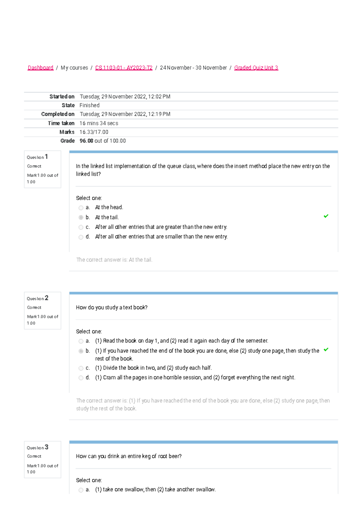 Graded Quiz Unit 3 Attempt review - Question 1 Correct Mark 1 out of 1. Question 2 Correct Mark ...