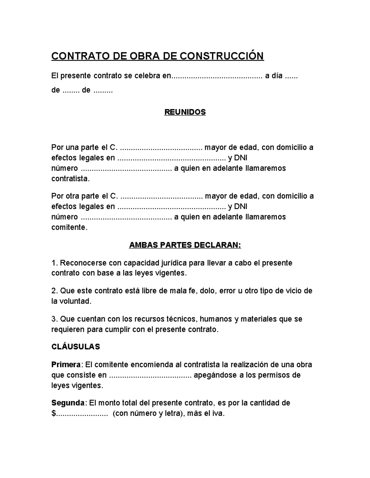 Contrato DE OBRA DE Construcción - CONTRATO DE OBRA DE CONSTRUCCIÓN El presente contrato se ...