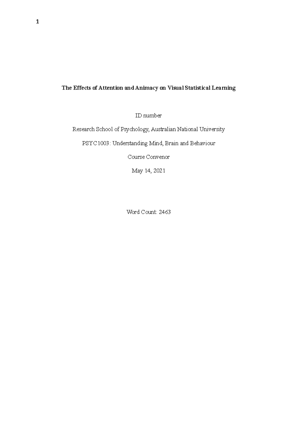 Psyc1003 Lab Report Visual Statistical Learning The Effects Of Attention And Animacy On