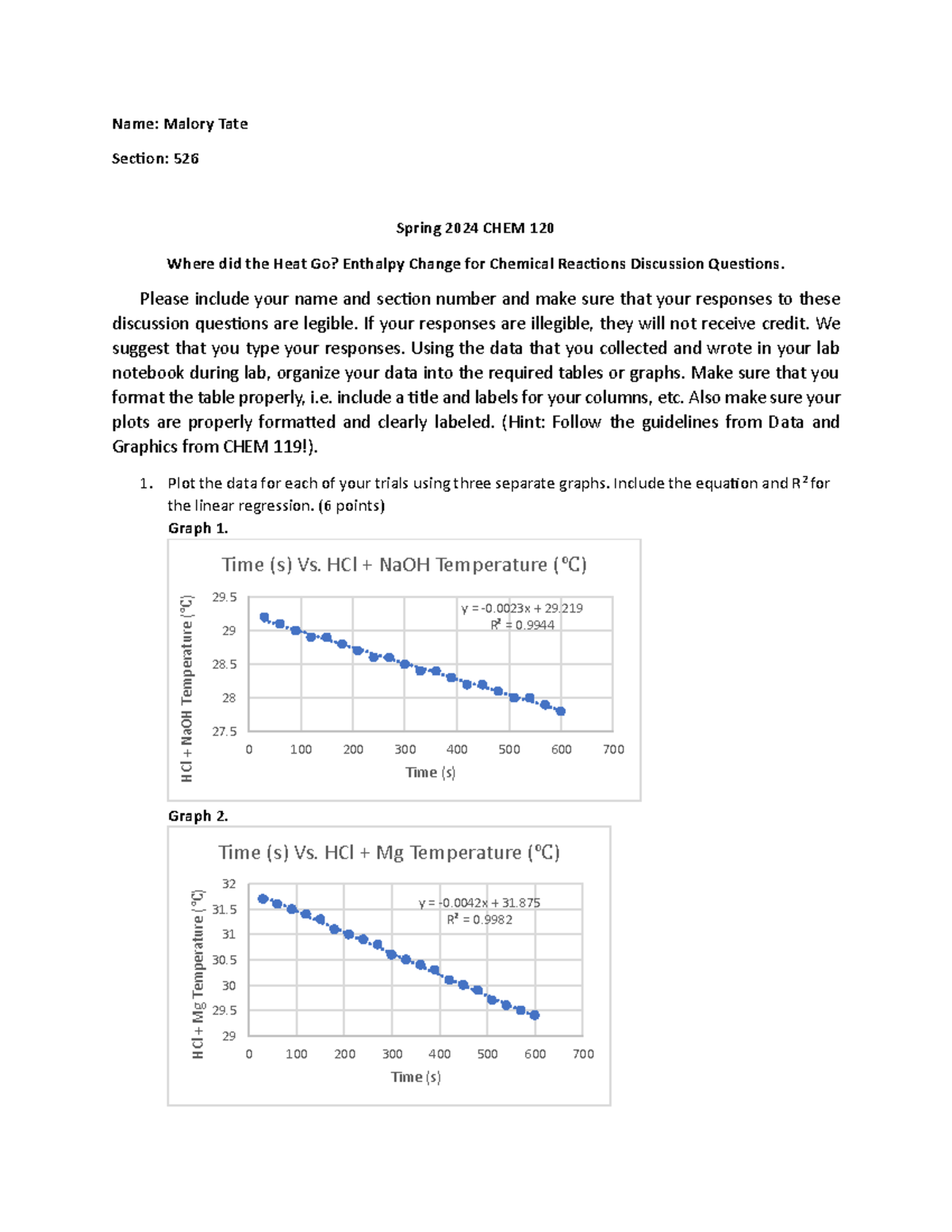 Enthalpy and Chemical Reactions 120 DQs 1 - Name: Malory Tate Section ...