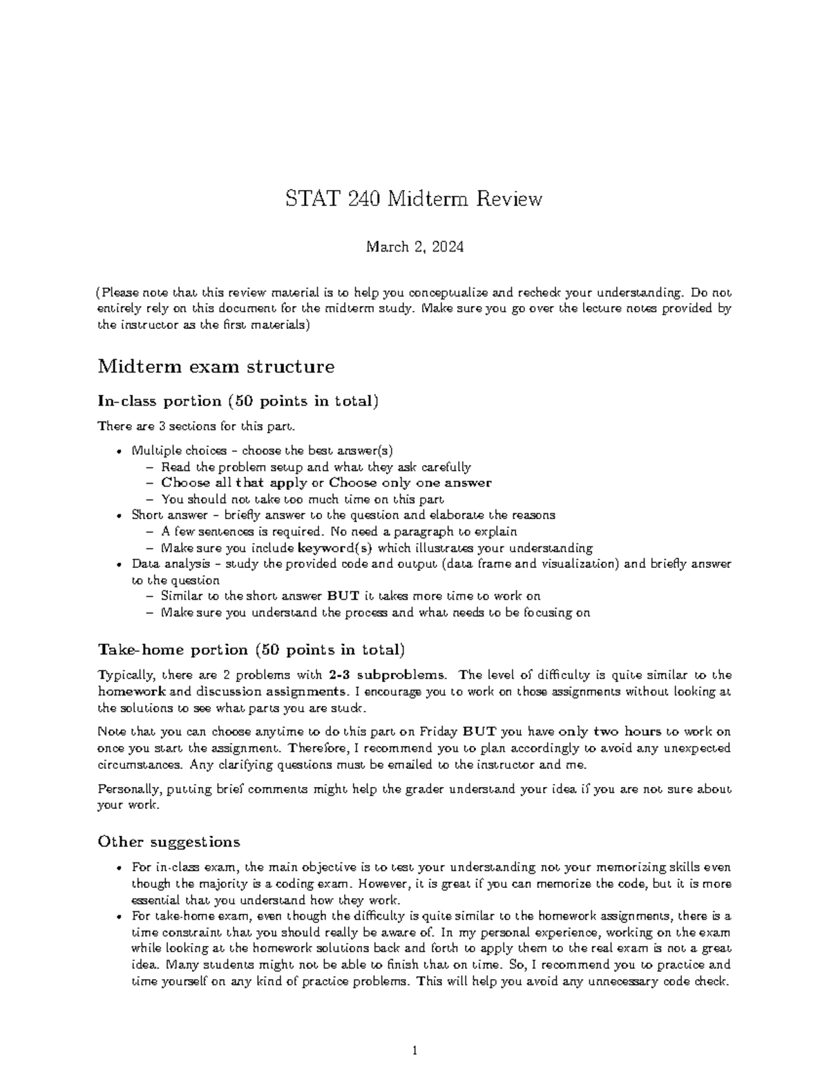 240Midterm Review - Summary Data Science Modeling | - STAT 240 Midterm Review March 2, 2024 ...