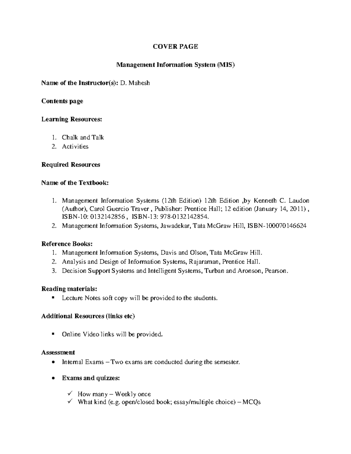 MIS course Material - COVER PAGE Management Information System (MIS ...