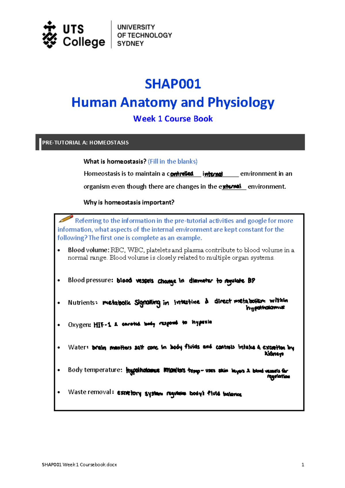 SHAP001+Week+1+Coursebook-1 - SHAP Human Anatomy and Physiology Week 1 Course Book PRE-TUTORIAL ...