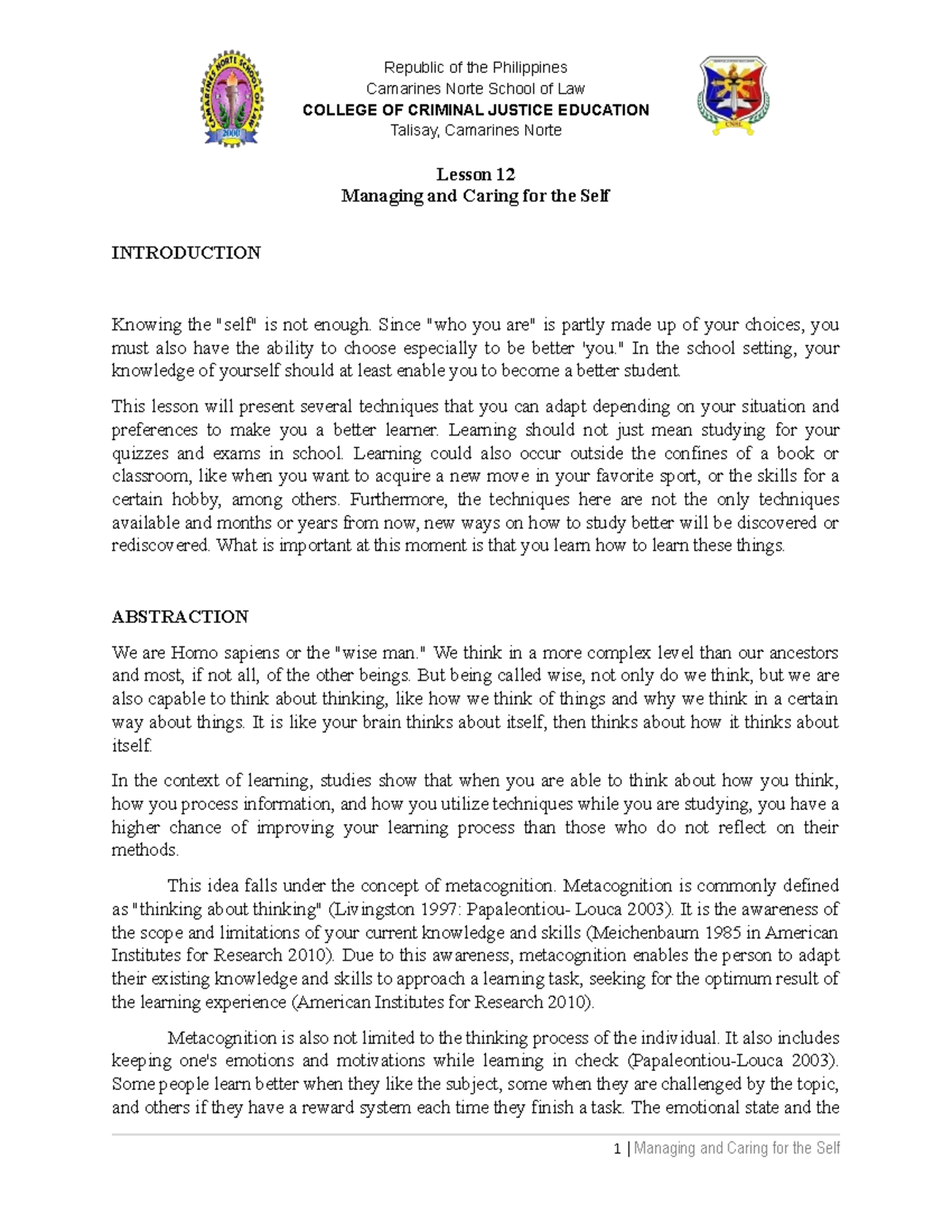 Lesson 12 - UTS - GGGGG - Camarines Norte School of Law COLLEGE OF CRIMINAL JUSTICE EDUCATION ...