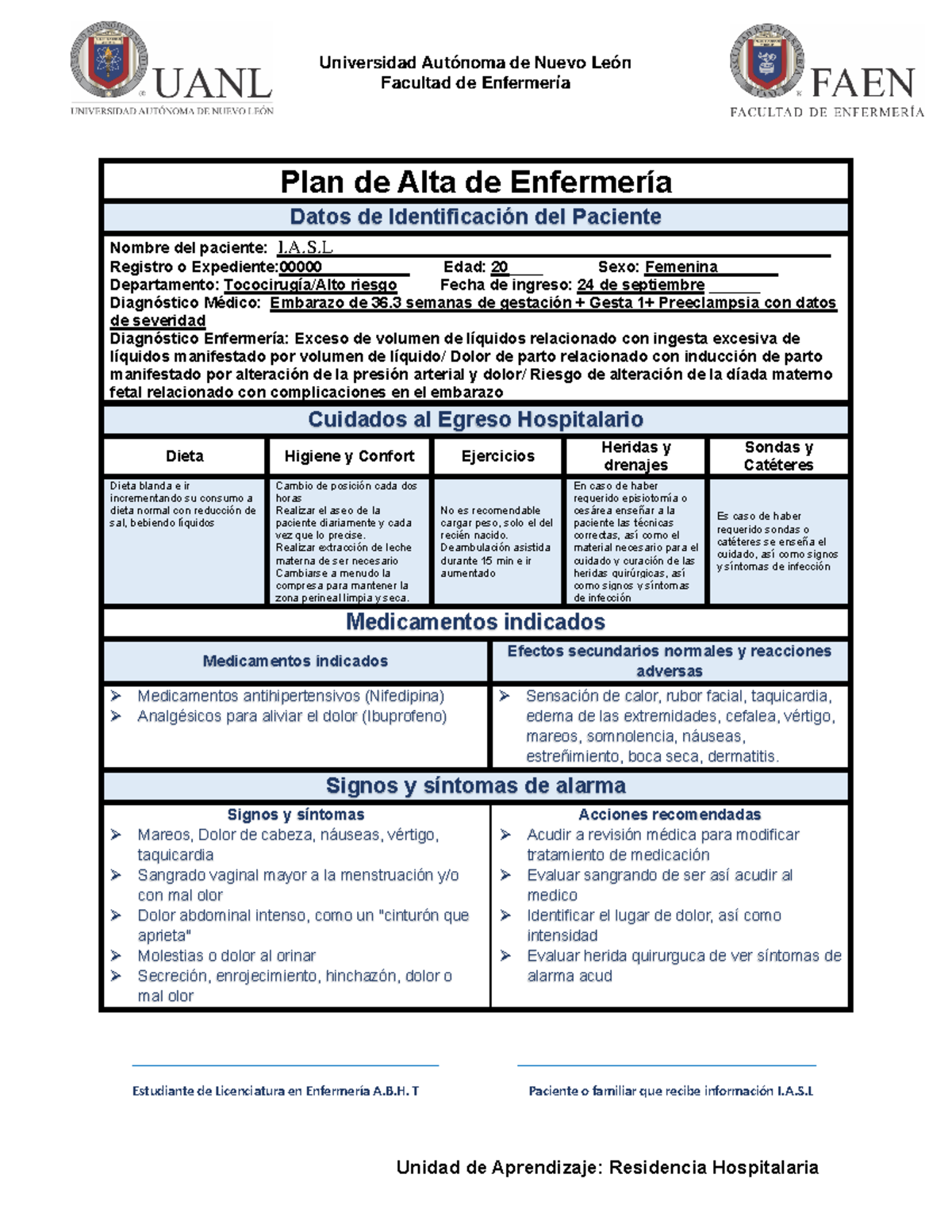 Plan de Alta de Enfermería (1) - Unidad de Aprendizaje: Residencia ...