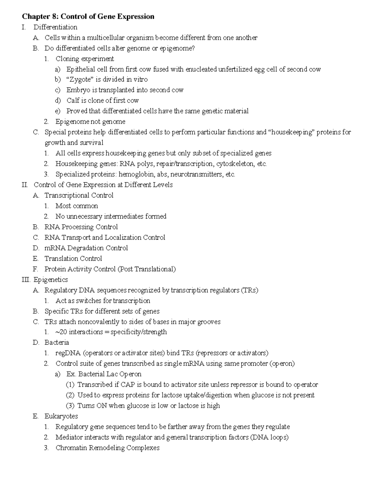 cell Ch 8 Notes - Chapter 8: Control of Gene Expression I ...
