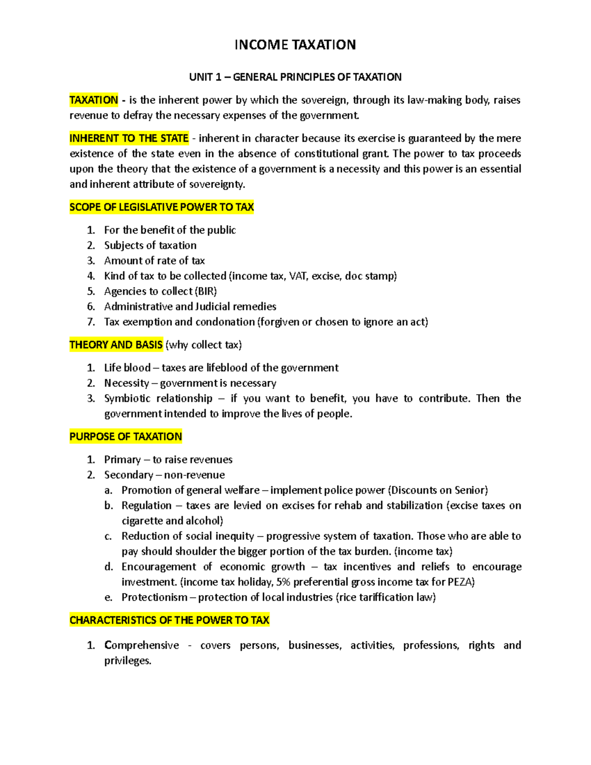 UNIT 1 - INCOME TAXATION - UNIT 1 – GENERAL PRINCIPLES OF TAXATION ...