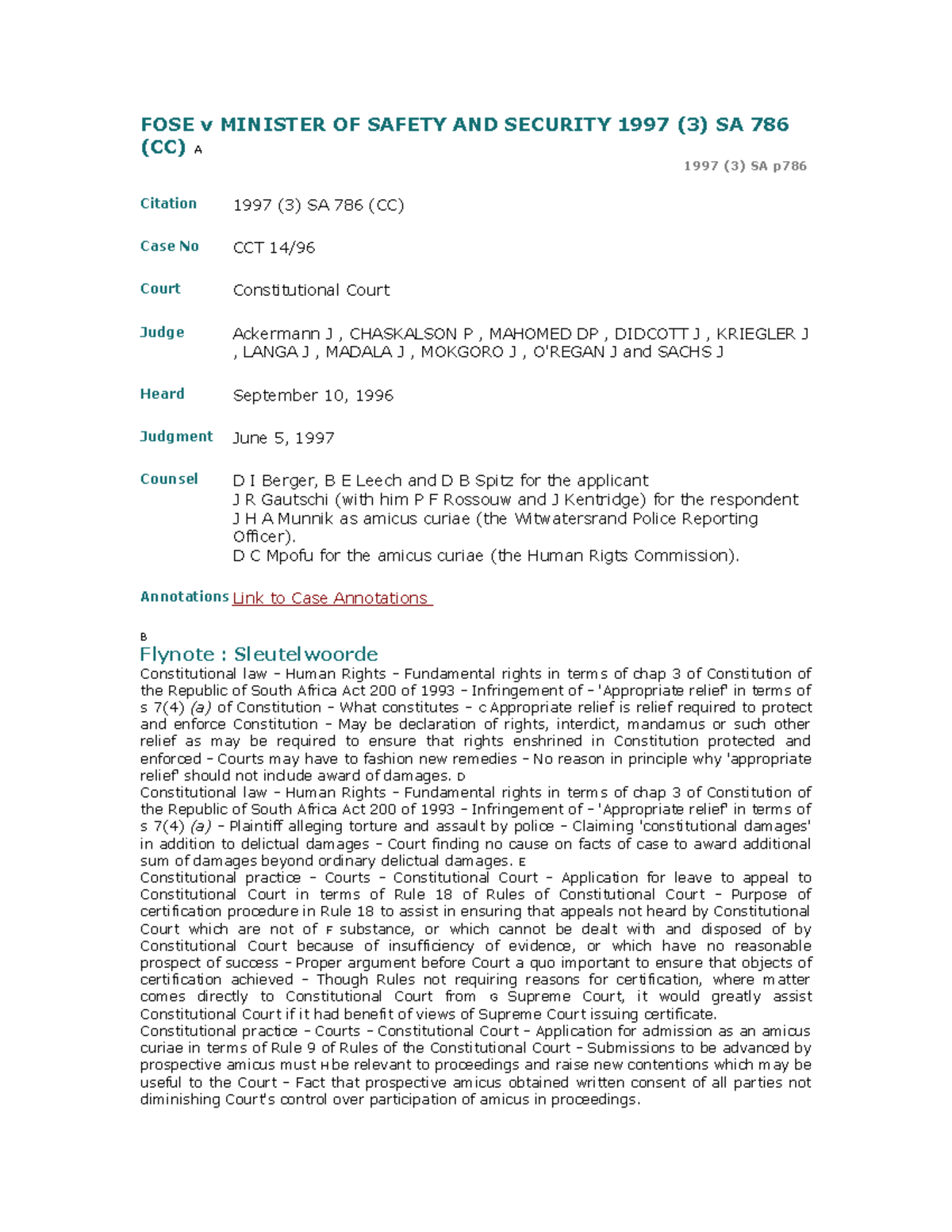 Fose v Min S S - case law niobe - FOSE v MINISTER OF SAFETY AND ...