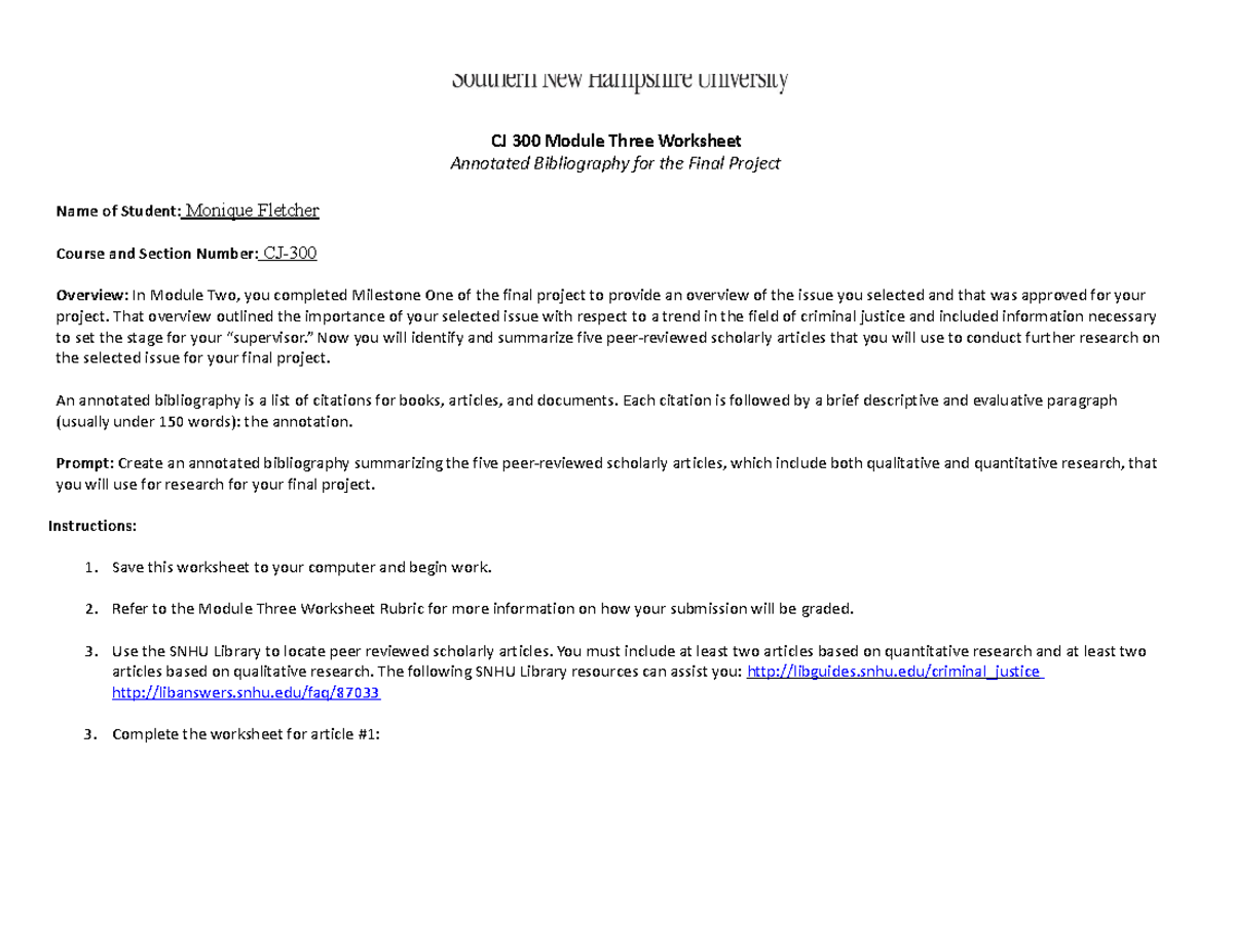 CJ- 300 Monique Fletcher- Annotated Bibliography Worksheet - CJ 300 ...