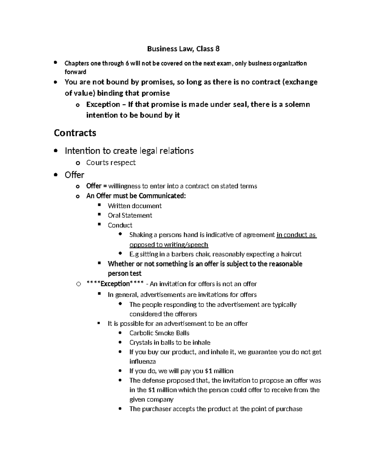 Business Law - Class 8 - Notes from the lecture to be used on midterm ...