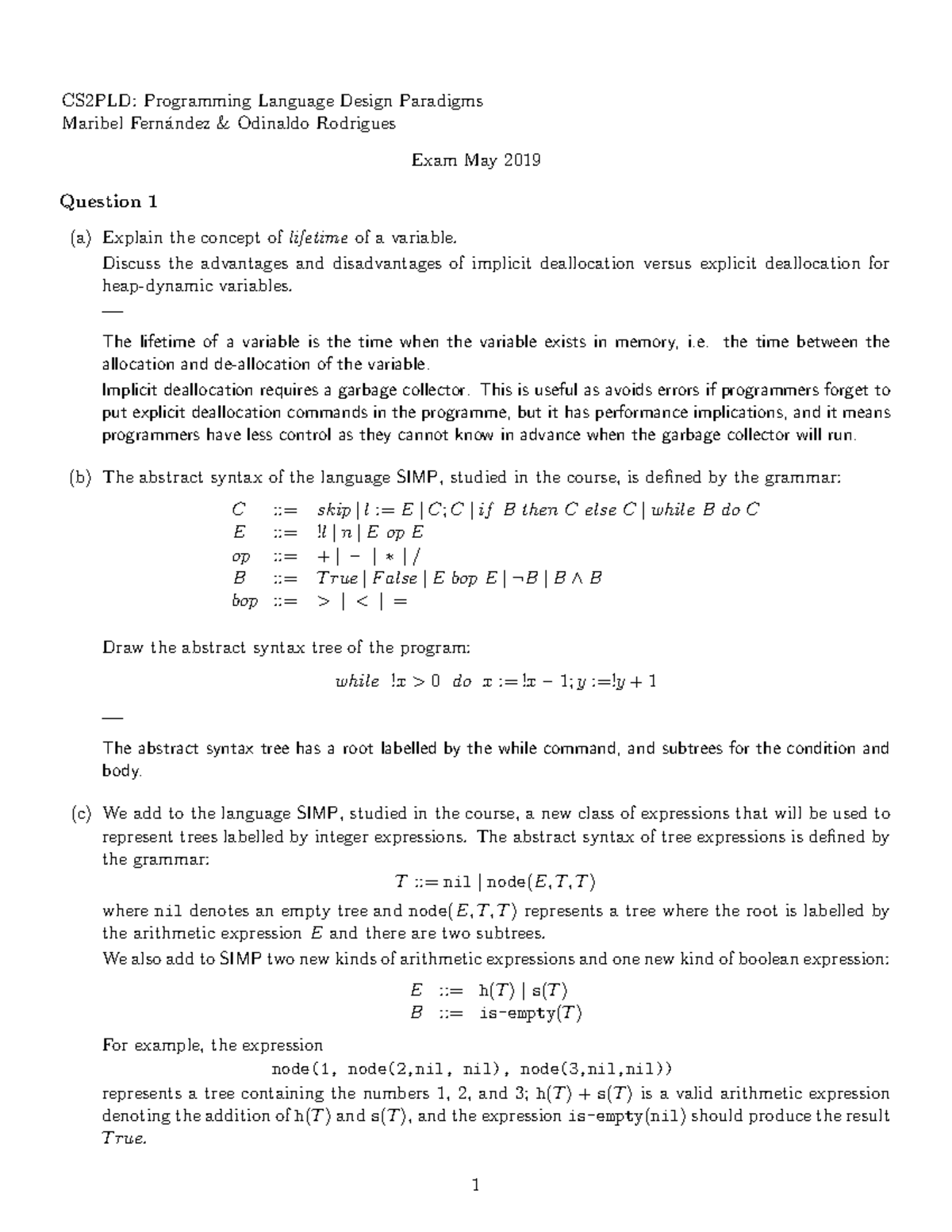 Exam2019 - CS2PLD: Programming Language Design Paradigms Maribel Fern ́andez & Odinaldo - Studocu