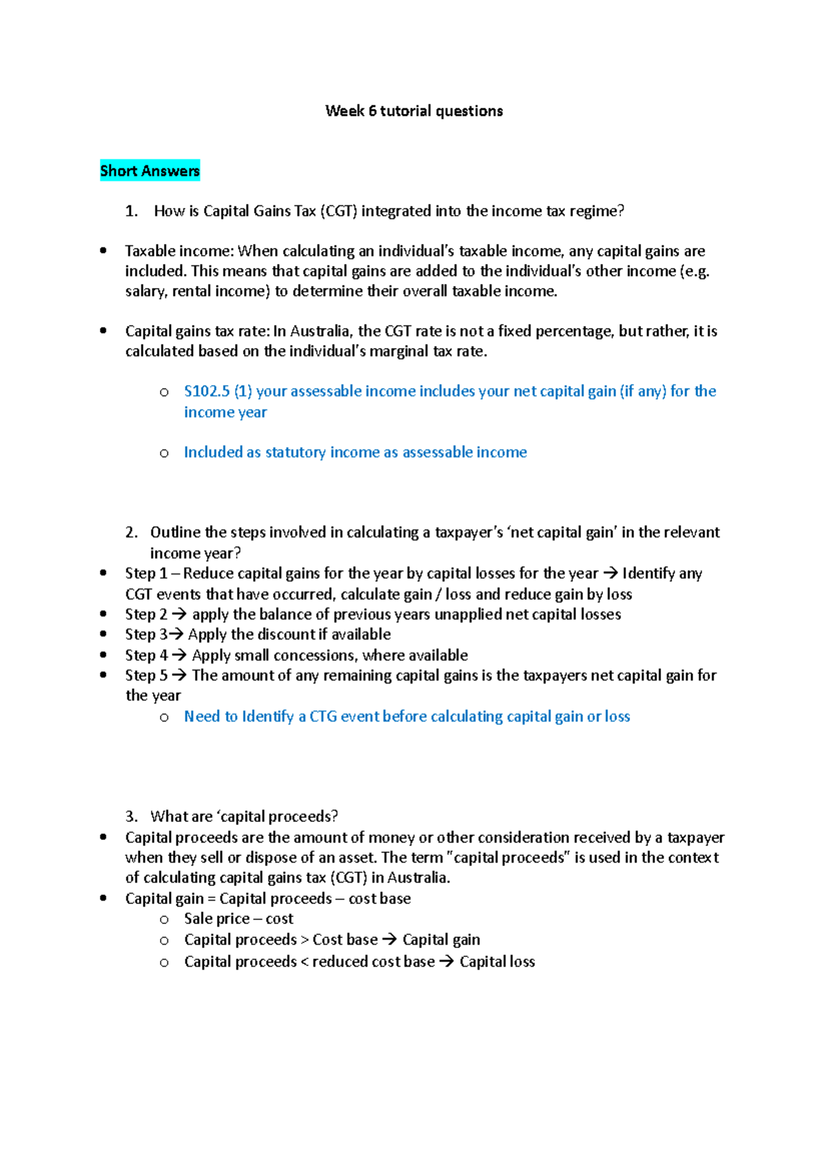 Week 7 tutorial questions copy - Week 6 tutorial questions Short Answers How is Capital Gains ...