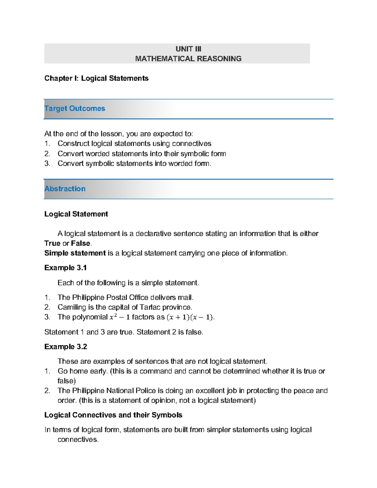 MMW Unit 3 Mathematical Reasoning Chapter 1 Logical Statements ...