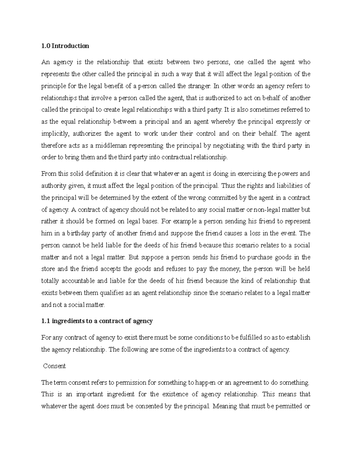 Agency assignment - 1 Introduction An agency is the relationship that ...