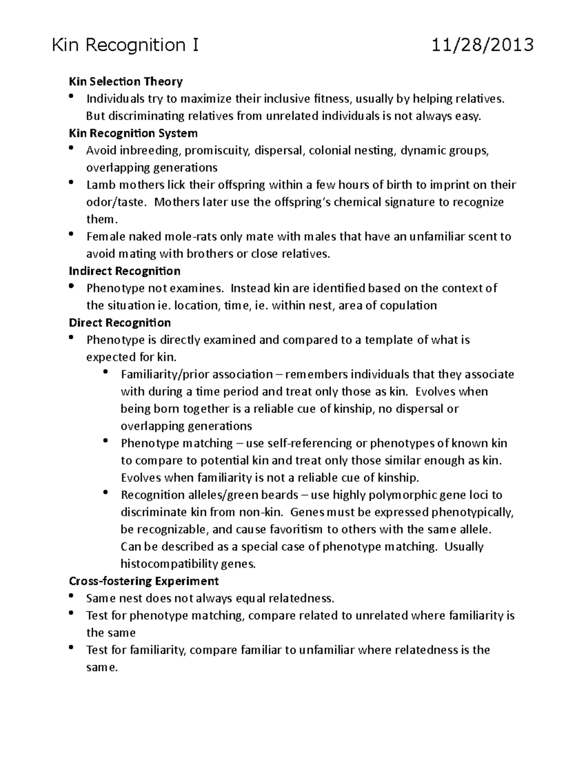 Animal Behaviour II - Kin Recognition I 11/28/ Kin Selection Theory ...