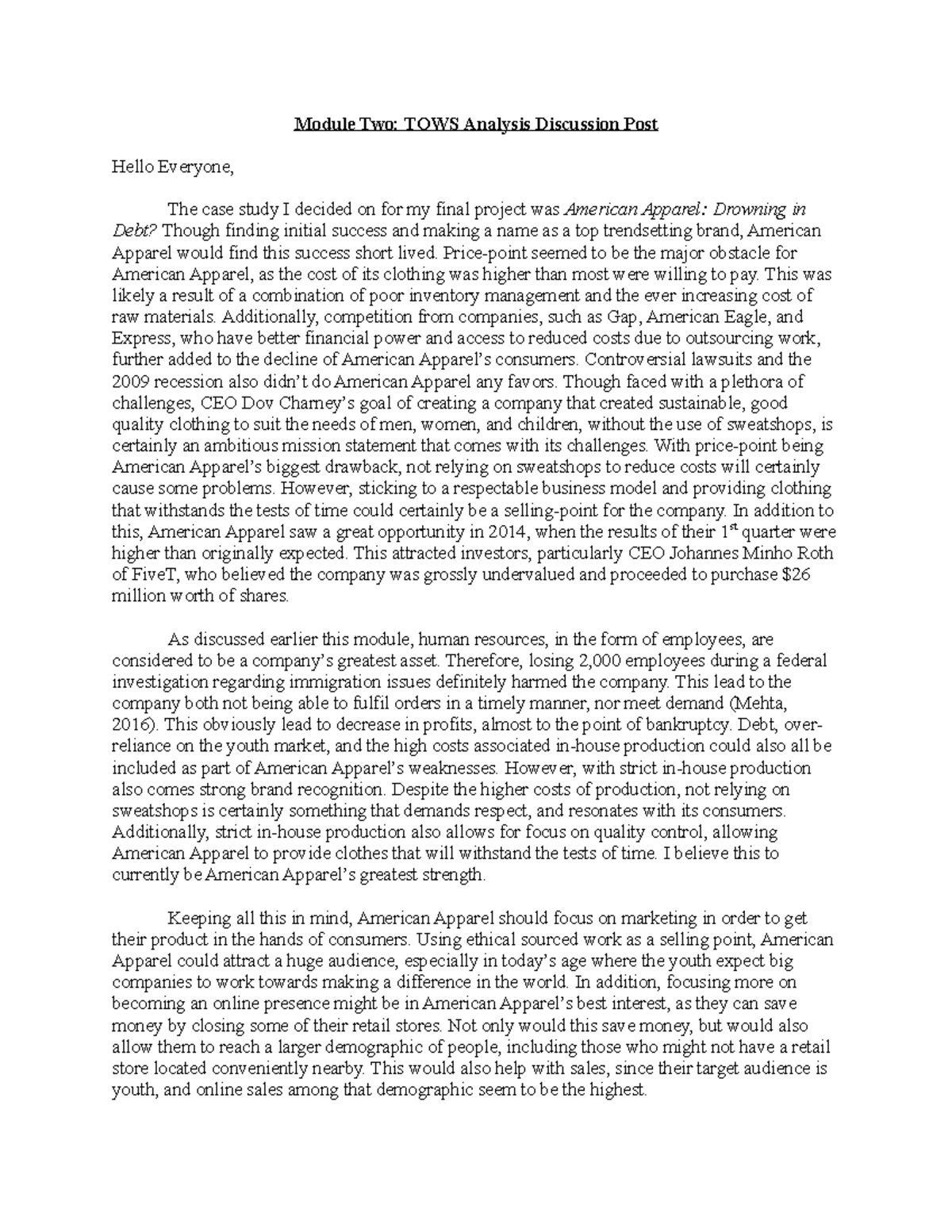 07. OL 501 - Module Two Discussion Post - Module Two: TOWS Analysis ...