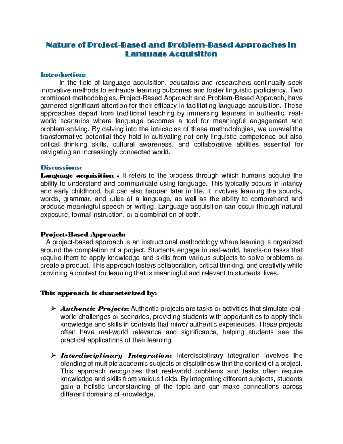 Nature of Project-Based and Problem-Based Approaches in Language ...