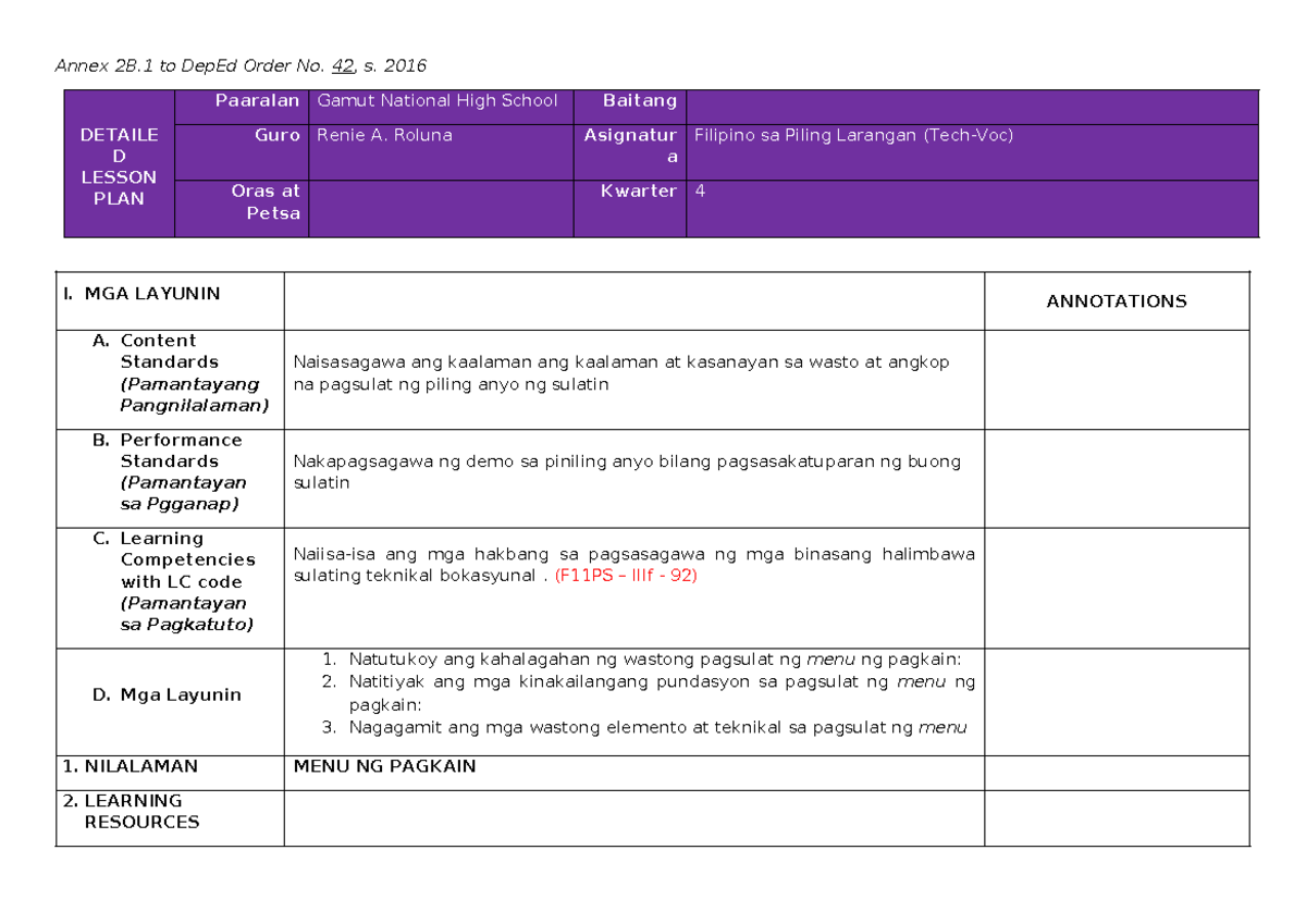 Renie-DLP-TV - this can help others - Annex 2B to DepEd Order No. 42 ...