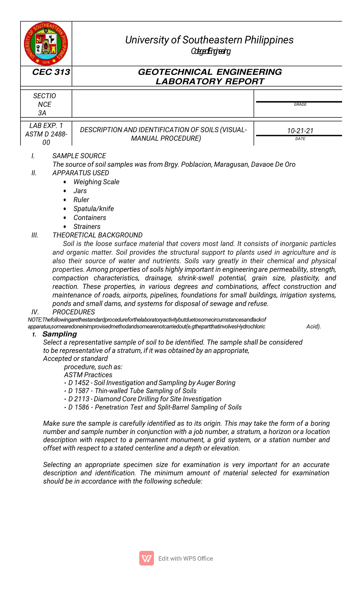 CEC 313 Lab Rep 1 - Lab Report about DESCRIPTION AND IDENTIFICATION OF ...