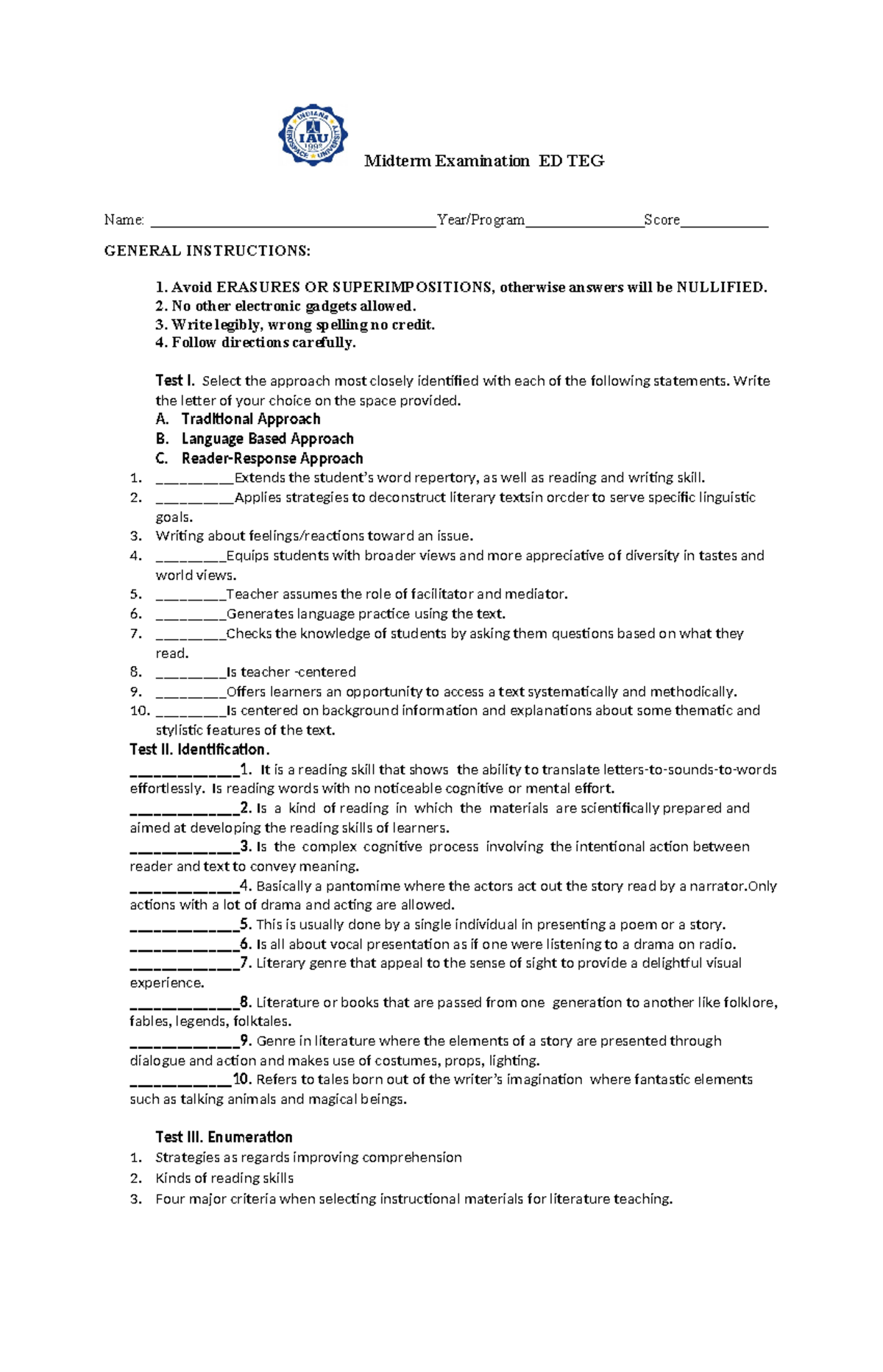 Midterm ED TEG - Prelim examination in Teaching Literacy to Elementary ...