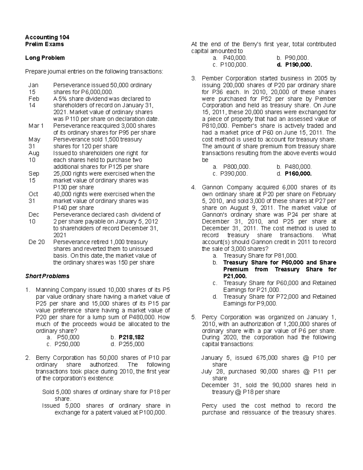 Intermediate Accounting - Accounting 104 Prelim Exams Long Problem ...