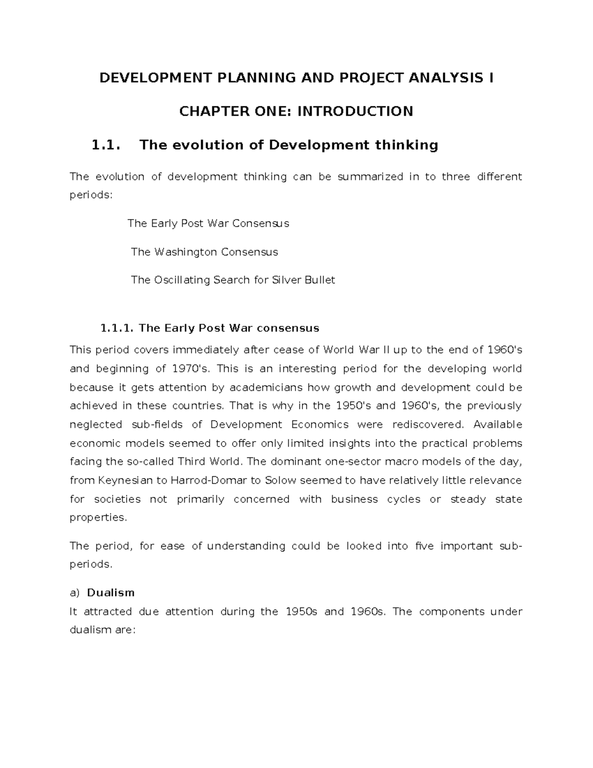Chapter one Planning I - DEVELOPMENT PLANNING AND PROJECT ANALYSIS I ...