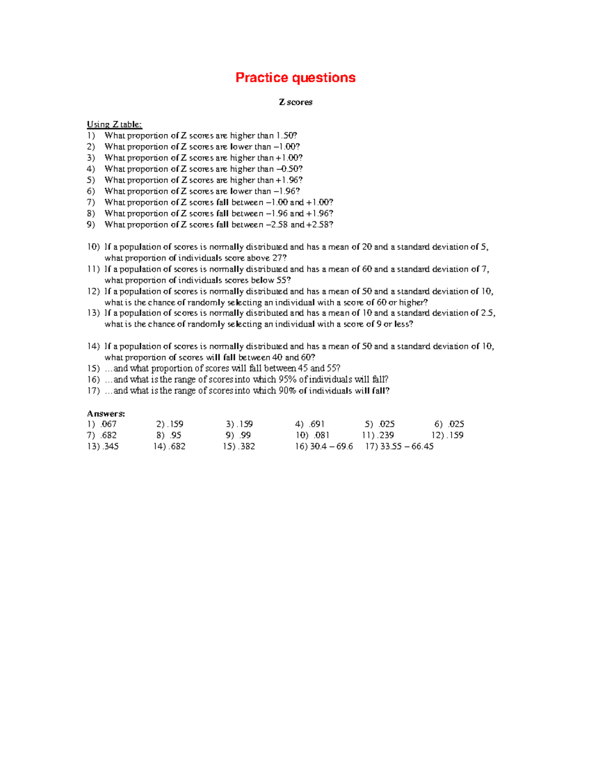 Z scores practice questions - Practice questions Z scores Using Z table ...