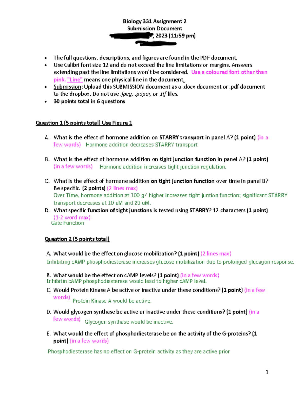 Assignment 2 2023 Submission document - Biology 331 Assignment 2 Submission Document Due August ...