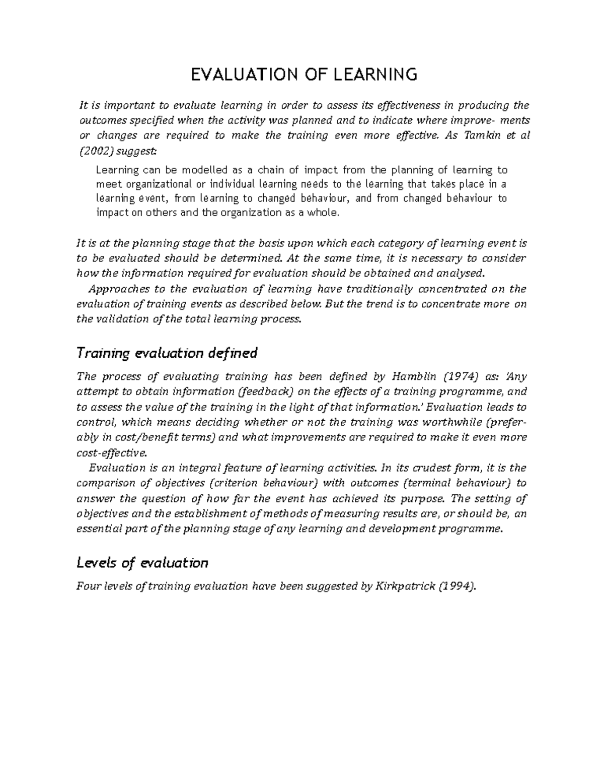 Evaluation OF Learning - EVALUATION OF LEARNING It is important to ...