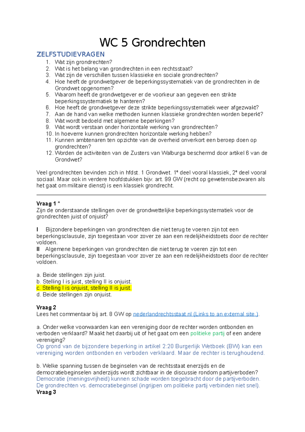 WC 5 - grondrechten - WC 5 Grondrechten ZELFSTUDIEVRAGEN Wat zijn ...