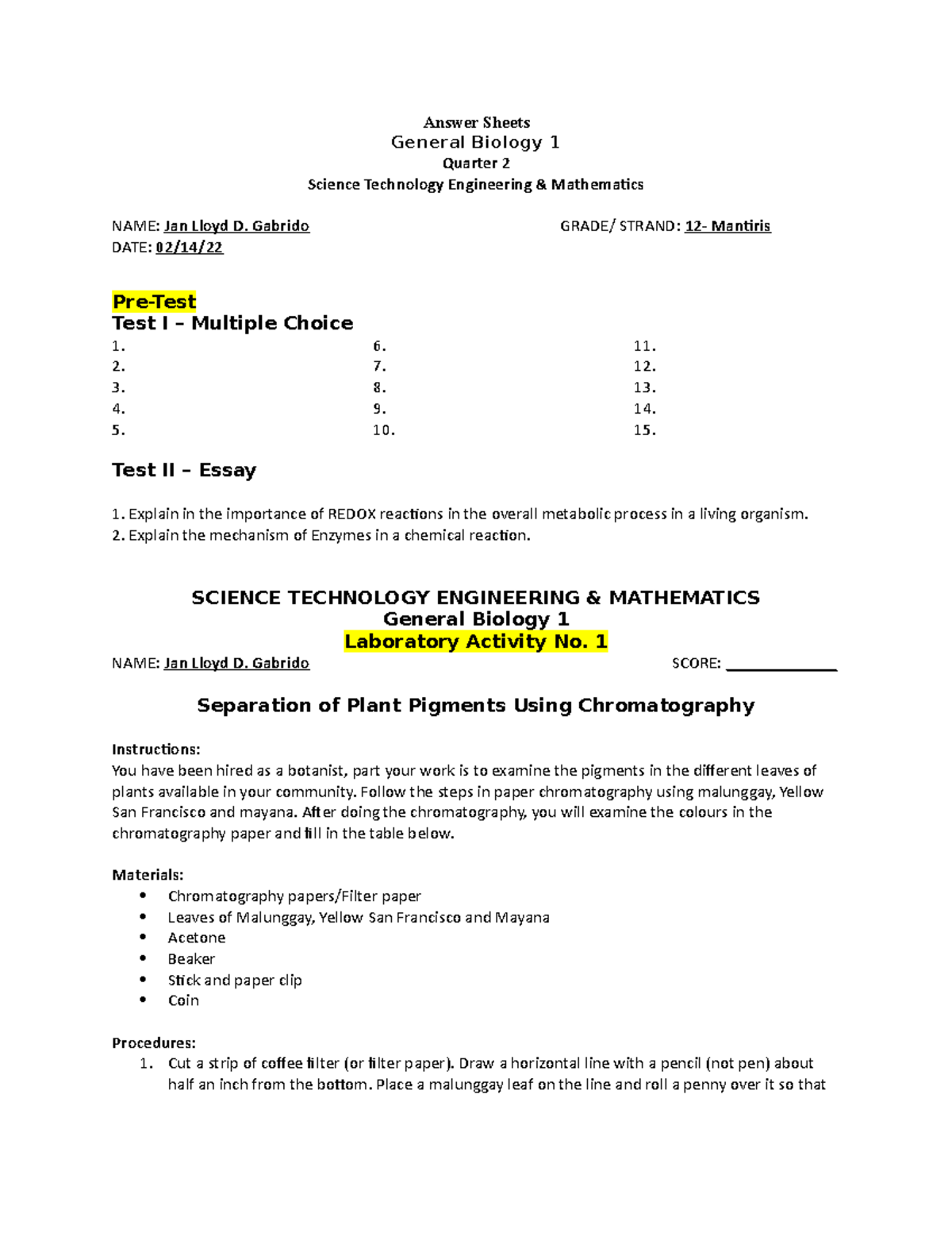 Answer Sheets - General Biology 1 - Quarter 2 - Answer Sheets General ...