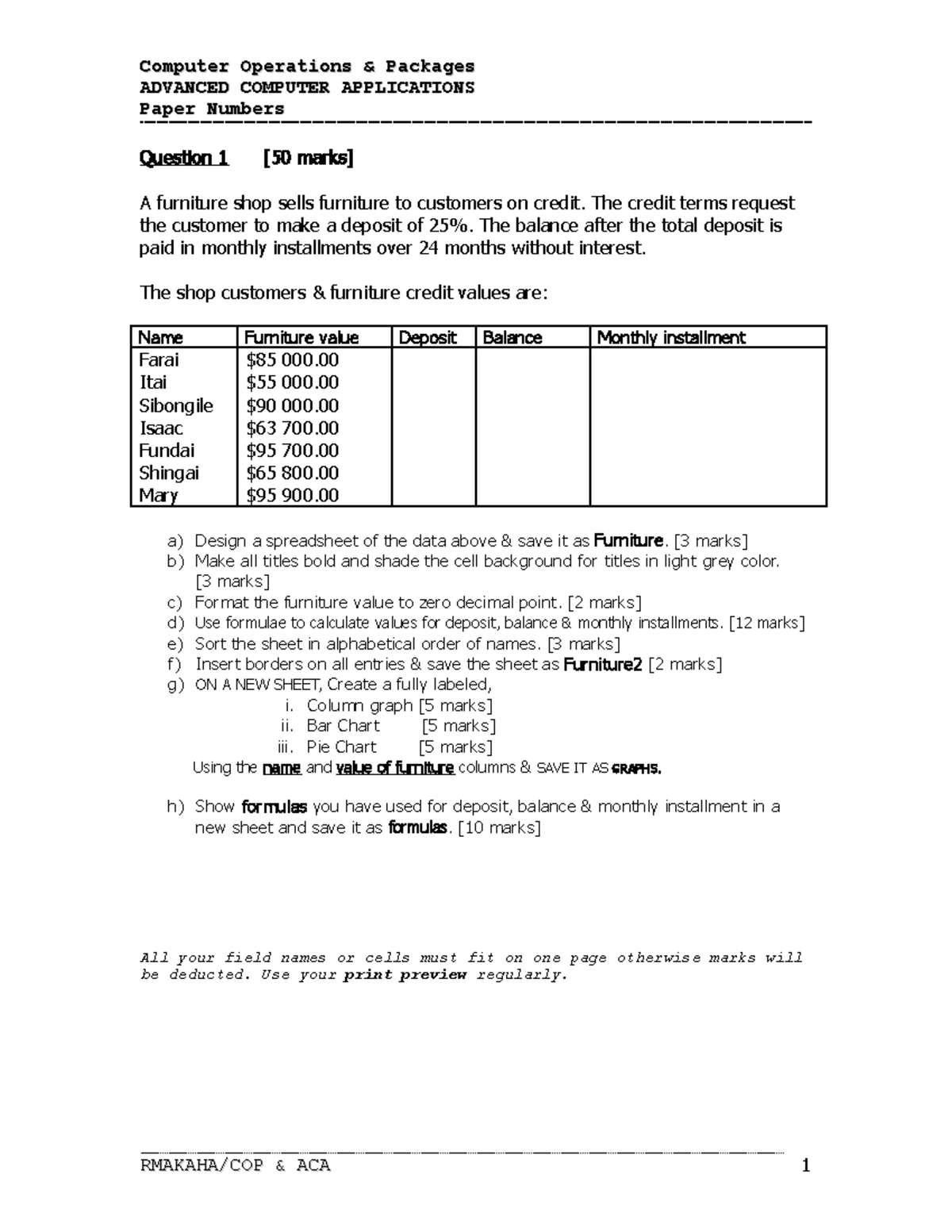 PRAC- Questions - mutekwa - ADVANCED COMPUTER APPLICATIONS ADVANCED COMPUTER APPLICATIONS Paper ...