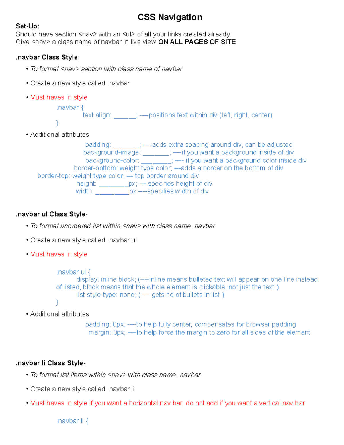 CSS Navbar notes - CSS Navigation Set-Up: Should have section with an ...