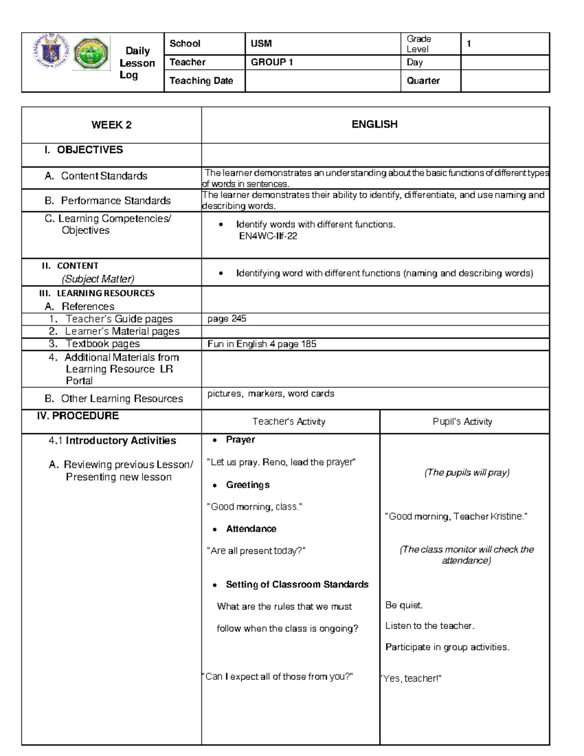 English-LP - lesson plan in english grade 1 - Daily Lesson Log School ...