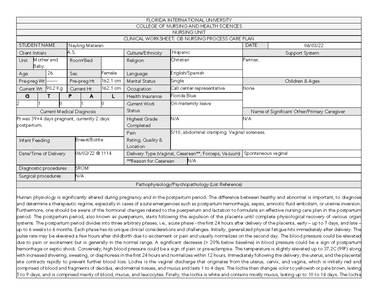 OB NCP #1.2 pdf - Care plan - FLORIDA INTERNATIONAL UNIVERSITY COLLEGE ...