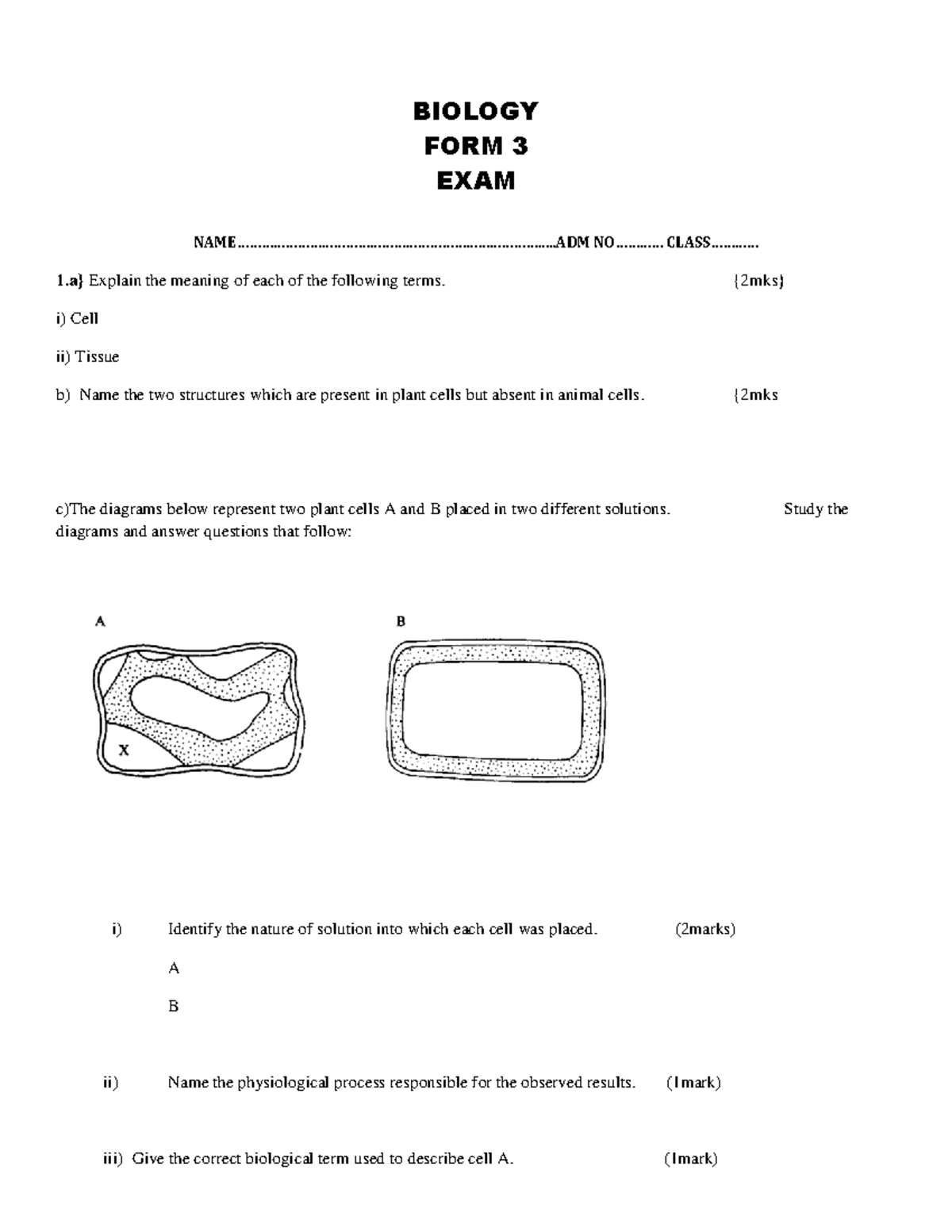 576852365 Form Three Biology Set 1 QS - BIOLOGY FORM 3 EXAM - Studocu