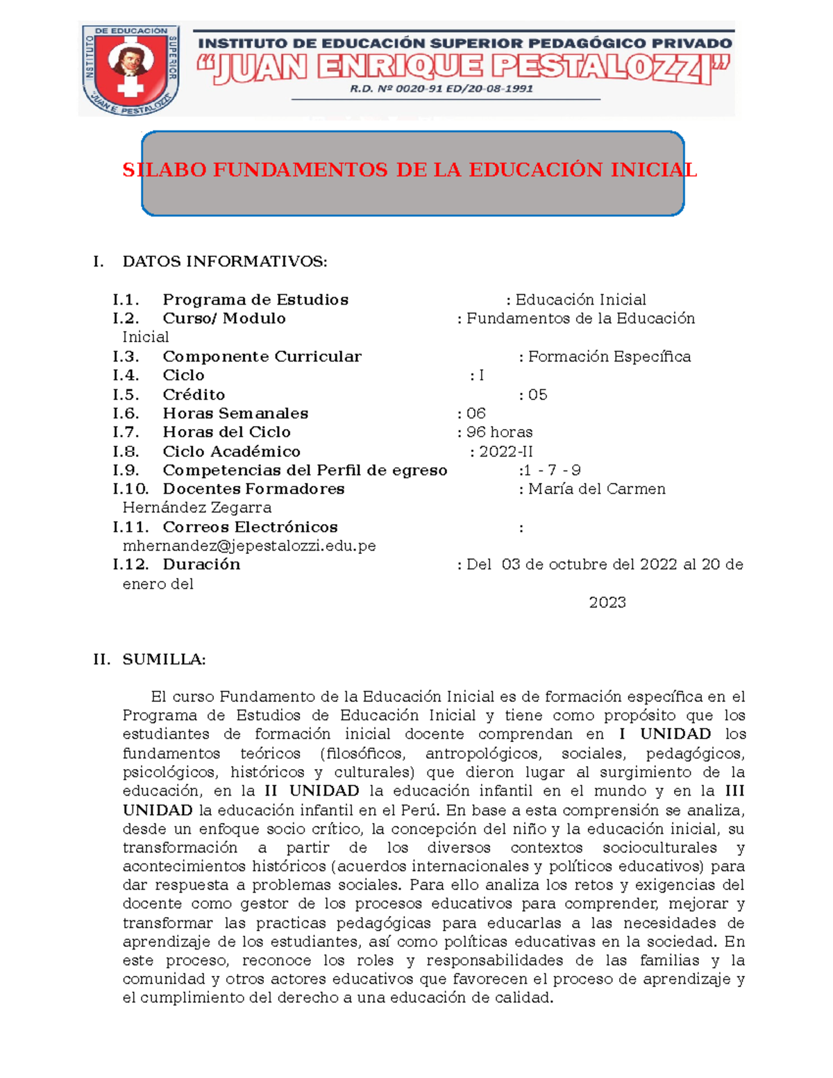 Silabo Fundamentos DE LA EI 2022 - SILABO FUNDAMENTOS DE LA EDUCACIÓN ...