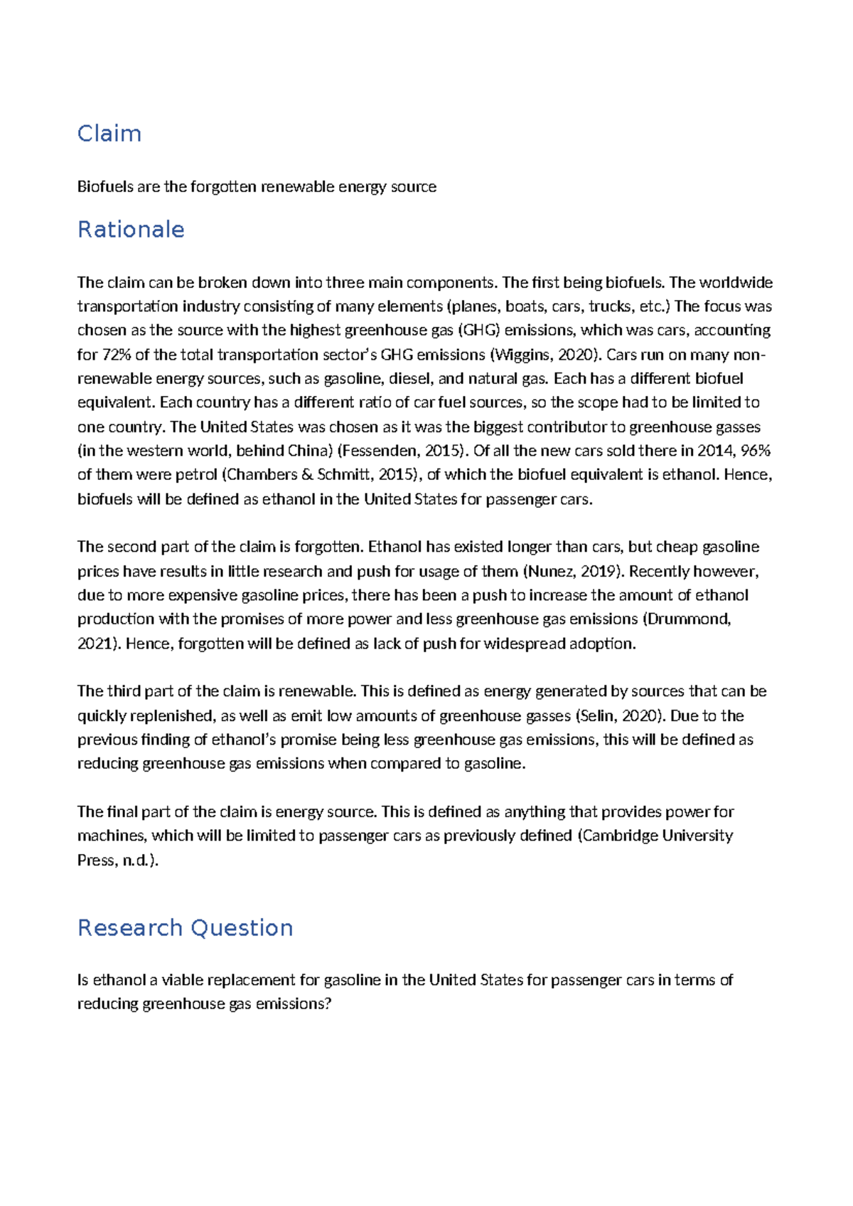 QCAA Chemistry IA3 20/20 Biofuels Claim - Claim Biofuels are the ...