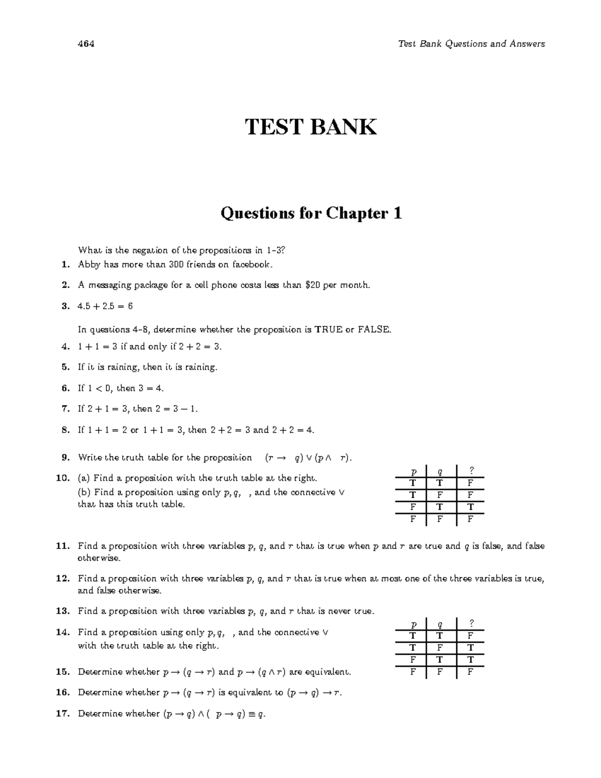 Test Bank - TEST BANK Questions for Chapter 1 What is the negation of ...