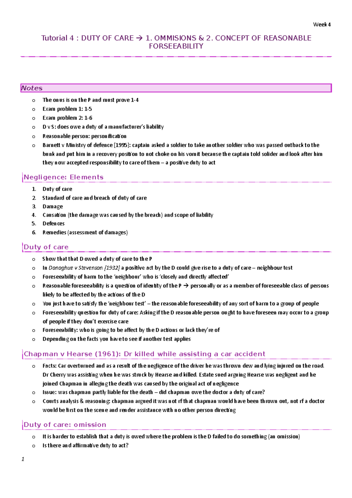Tutorial 4 - Week 4 Tutorial 4 : DUTY OF CARE 1. OMMISIONS & 2. CONCEPT ...