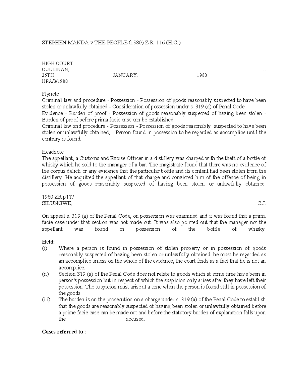 Stephen Manda v THE People (1980) Z.R. 116 (H - STEPHEN MANDA v THE ...