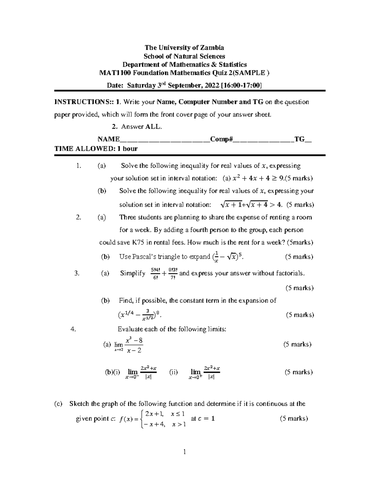 MAT 1100 Quiz 2-Sample - Quiz 2 - 1 The University of Zambia School of ...