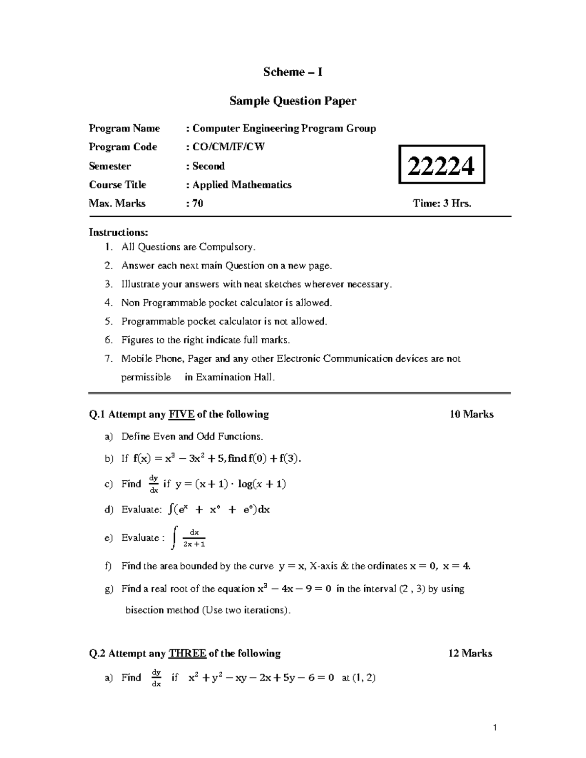 2nd sem applied mathematics computer sample question paper - Scheme – I Sample Question Paper ...