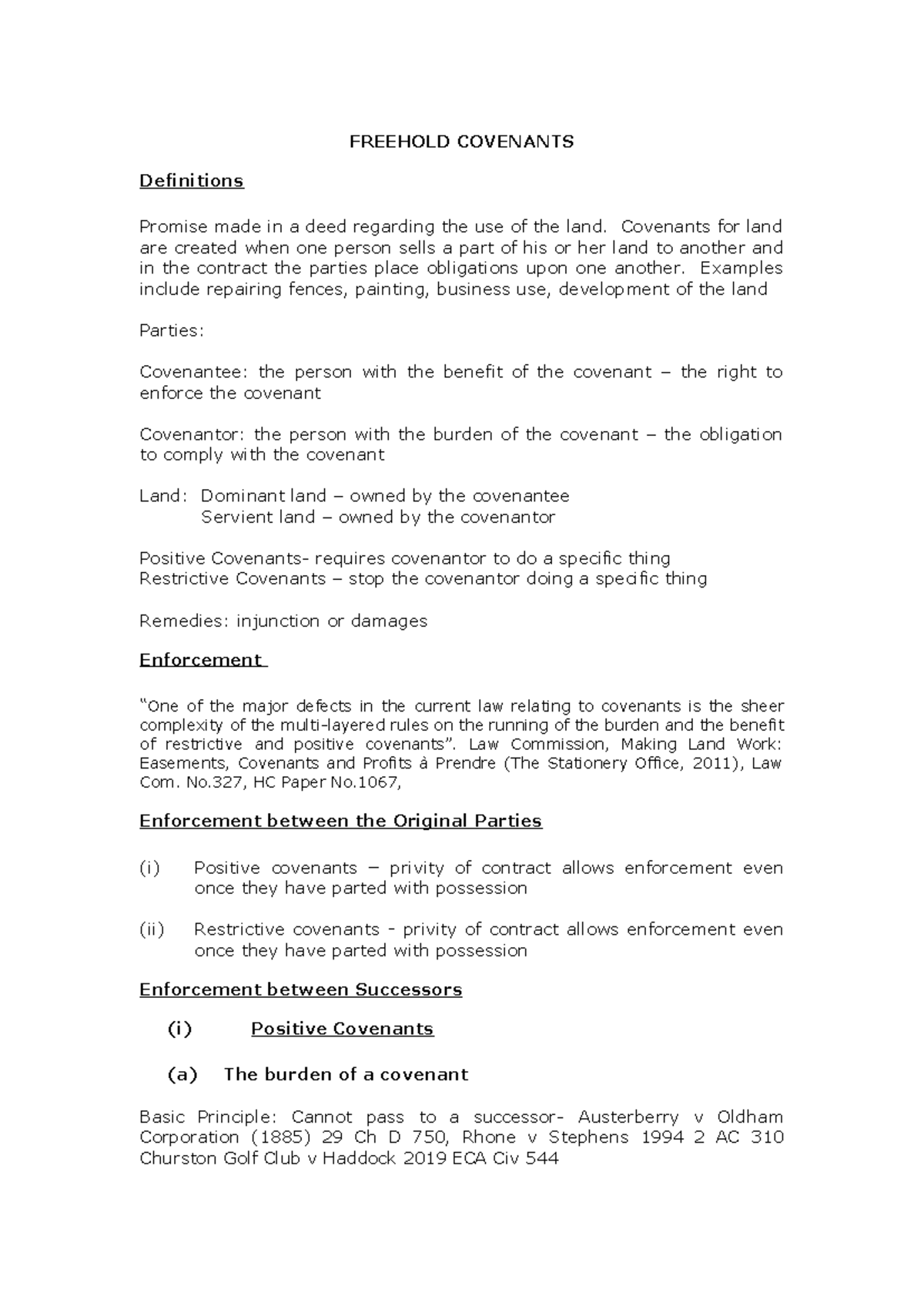 Handout freehold covenants - FREEHOLD COVENANTS Definitions Promise ...