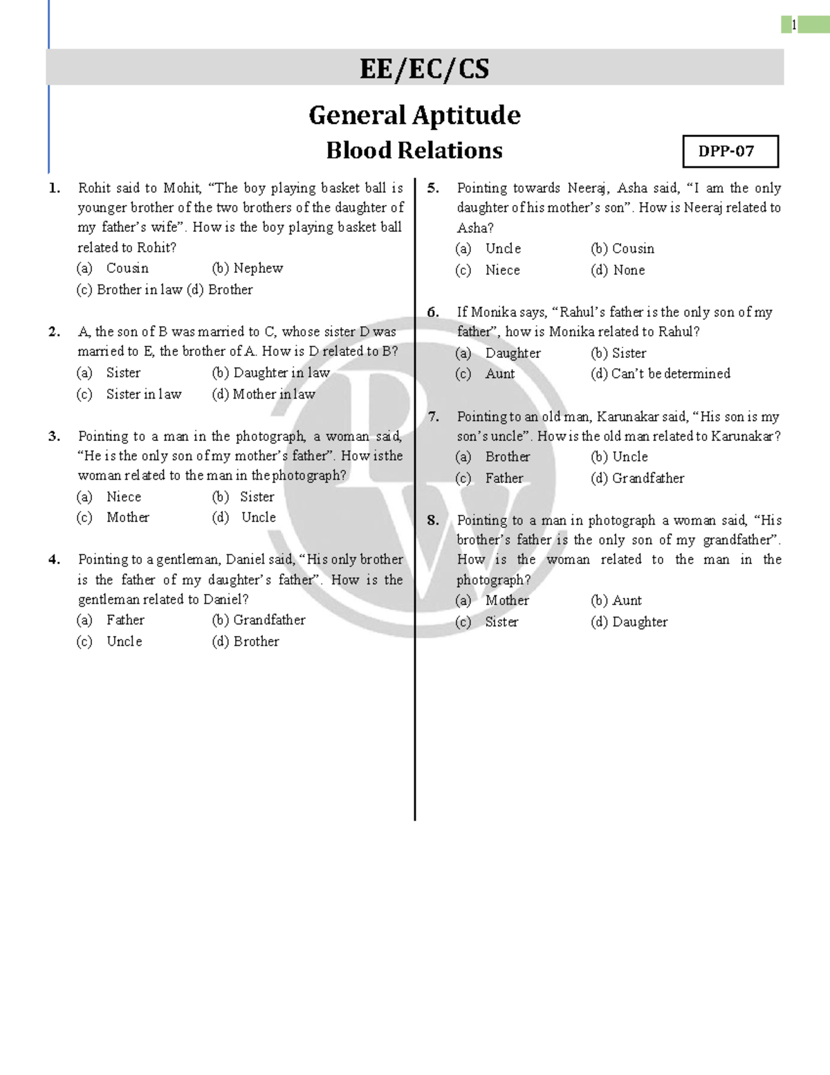 Blood Relations DPP-07 - 1 EE/EC/CS General Aptitude Blood Relations 1 ...