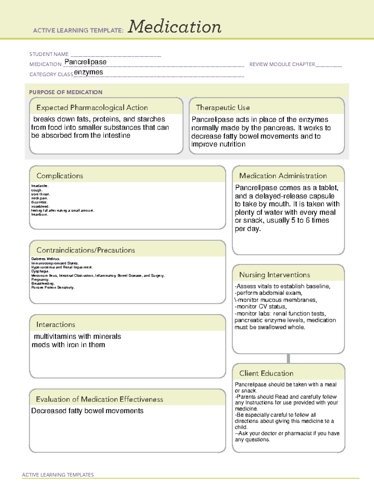 Pancrelipase - Course work - ACTIVE LEARNING TEMPLATES Medication ...