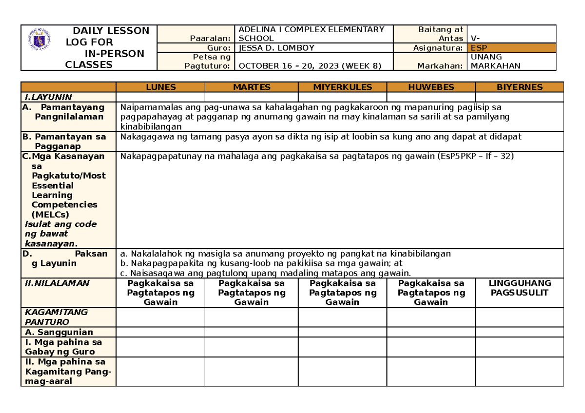 W8 ESP - DLL - DAILY LESSON LOG FOR IN-PERSON CLASSES Paaralan: ADELINA ...